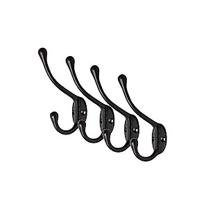 Craftsman Road Vintage Cast Iron Wall Hooks (Black Texture Finish, Set of 4) - Rustic, Farmhouse Coat Hooks | Great for Coats, Bags, Towels, Hats | Classic Slender