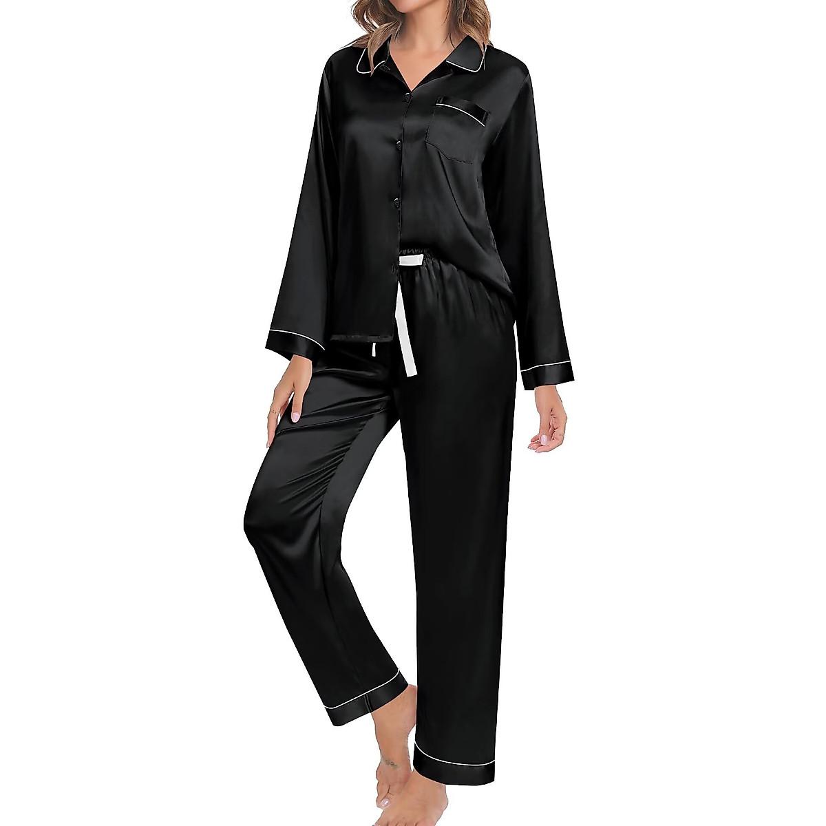 SWOMOG Couple Silk Satin Pajamas Set 2Pcs Matching Famliy Sleepwear Button Down Loungewear Men & Women Pjs with Pants Black