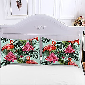 Quilt Cover Full Size Pink Flamingo 3D Bedding Sets Palm Leaves Duvet Cover Breathable Hypoallergenic Stain Wrinkle Resistant Microfiber with Zipper Closure,beding Set with 2 Pillowcase