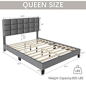 Fluest Queen Bed Frame Upholstered Bed Frame Platform with Adjustable Headboard Linen Fabric Tufted Headboard Wooden Slats Support, No Box Spring Needed, Easy Assembly, Mattress Foundation, Light Grey