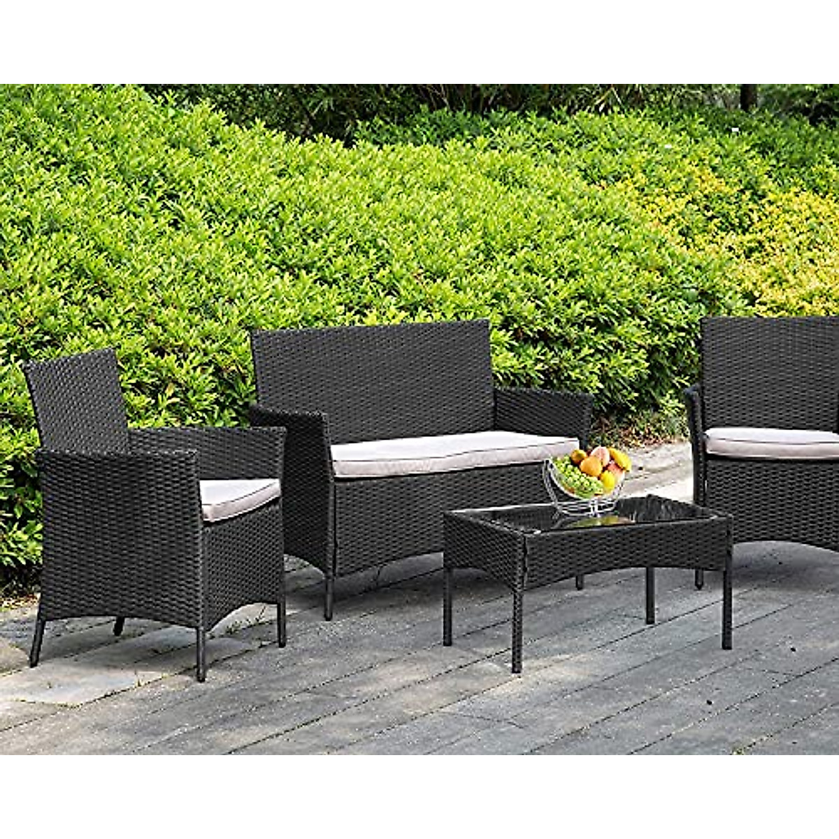 FDW Patio Furniture 4 Pieces Outdoor Indoor Use Rattan Chairs Wicker Patio Loveseats Conversation Sets with Table and Beige Cushions for Backyard Lawn Porch Garden Balcony,Black