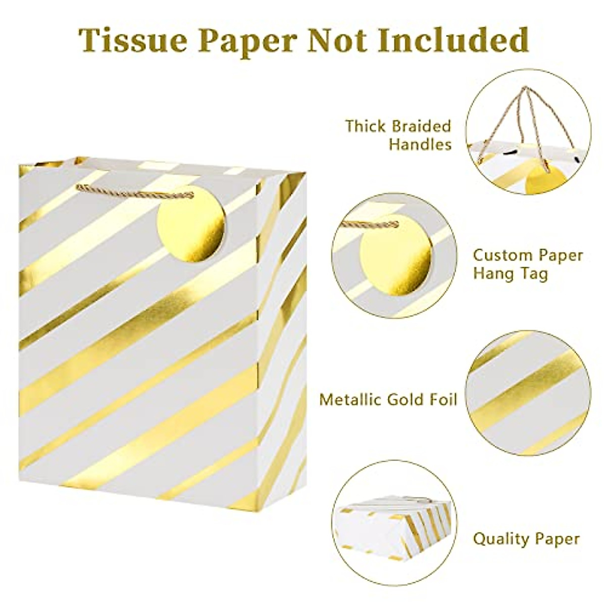 Swedin 12 Pcs Gold Gift Bags Bulk, Medium Size Gift Bags with Handles, Trendy Gift Wrap Totes with Chevron, Stripe Pattern for Birthdays, Party Favors, Holidays, Christmas-10" x 8.3" x 4"