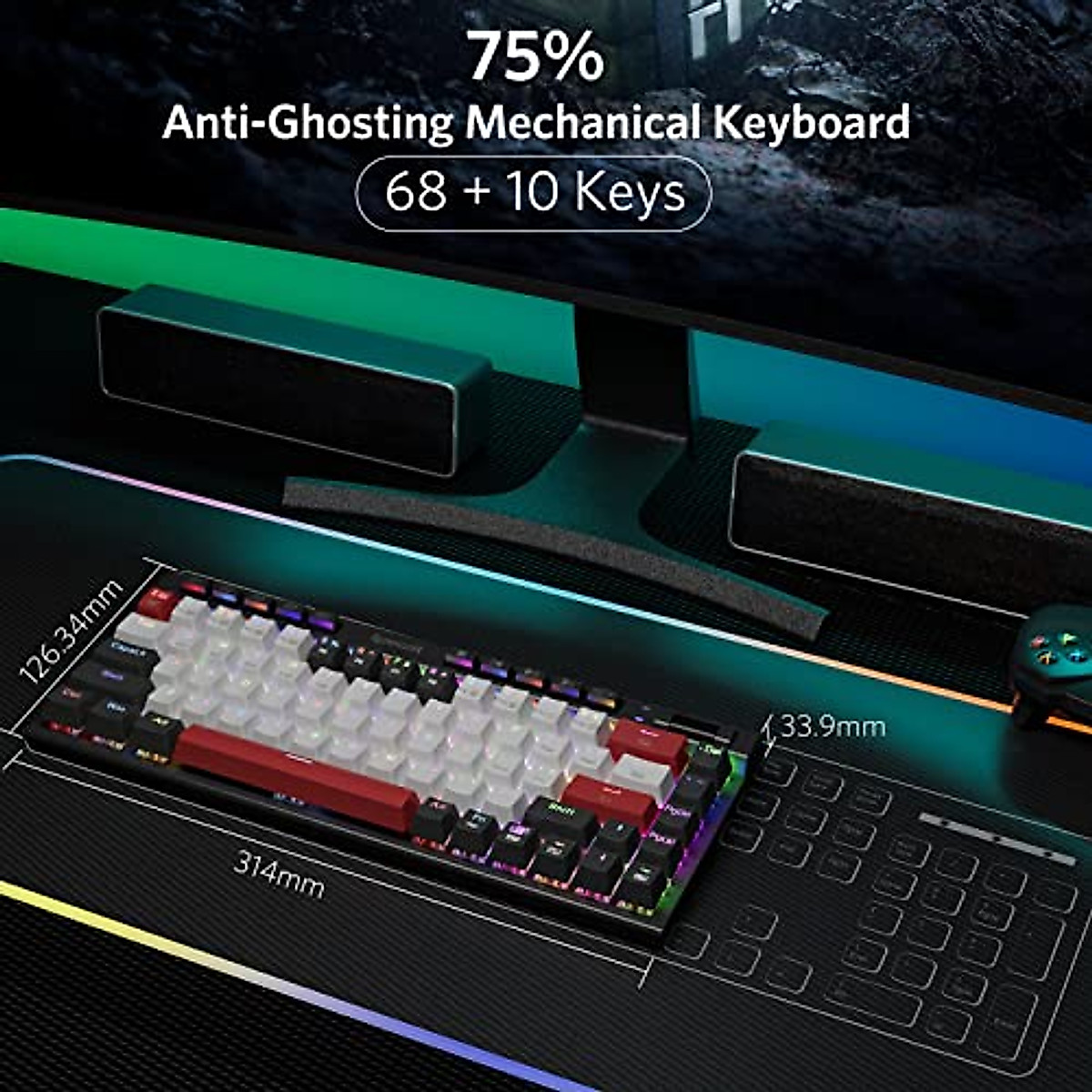 Redragon K635 Hot Swappable Mechanical Keyboard Customized RGB Backlit with Volume Control, Bluetooth/2.4G-Wireless/USB-C Compact Gaming Keyboard with Red Switches(68+10Keys)