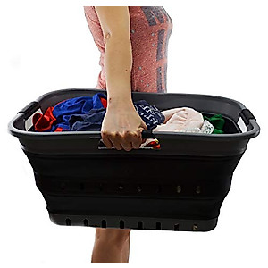 SAMMART 42L Collapsible Plastic Laundry Basket - Foldable Pop Up Storage Container/Organizer - Portable Washing Tub - Space Saving Hamper/Basket (1, Grey/Black)