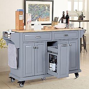 Cambridge Rolling Kitchen Island on Wheels Utility Cart with Spice and Towel Racks and Rubber Wood Countertop, Storage Drawers, Door Cabinets, Gray