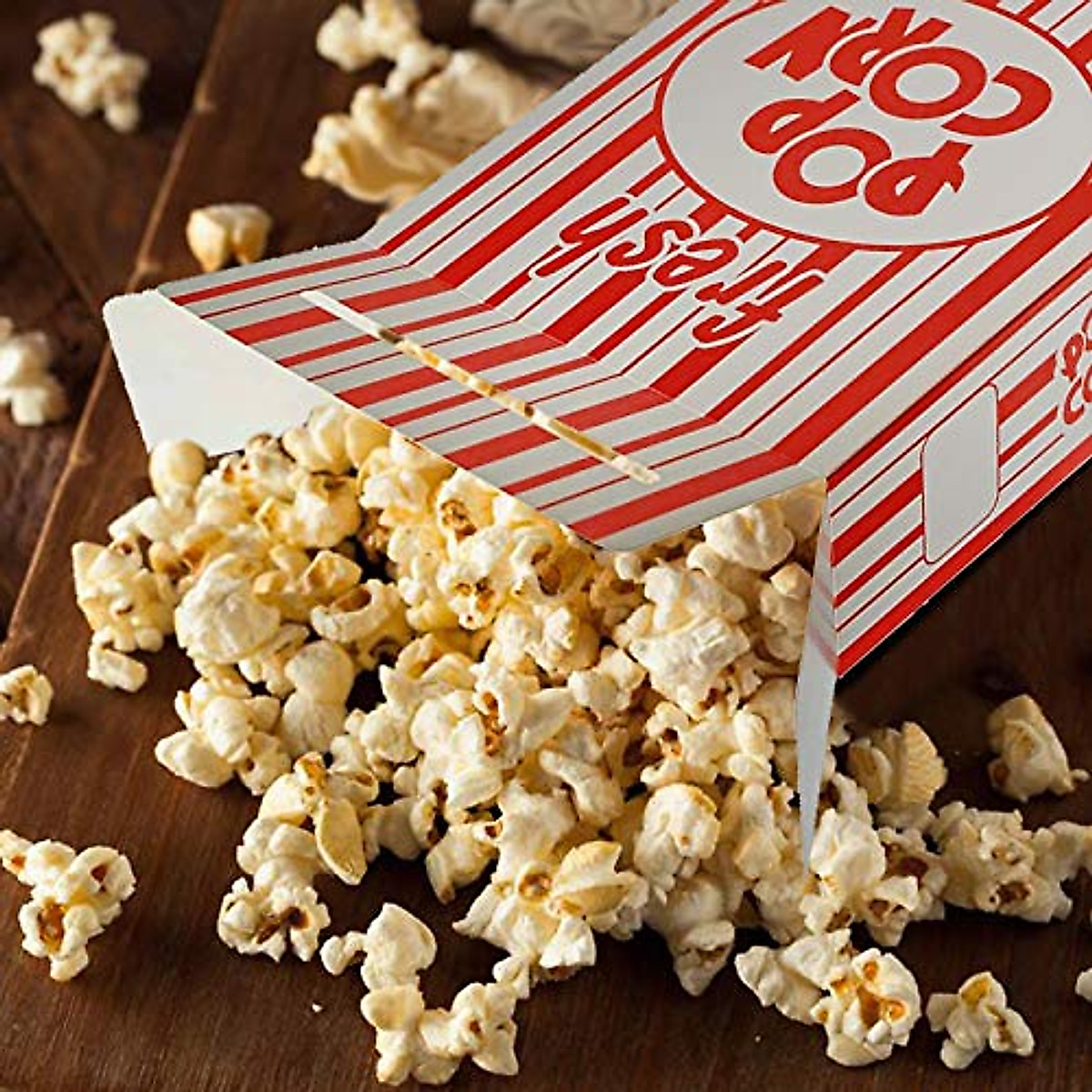 Fasmov 100 Pack Paper Popcorn Boxes, 6" L x 2 1/2" W x 8 1/2"H Close Top Movie Theater Popcorn Boxes, Popcorn Containers for Movie Party and Theater Night (Red and White Stripes)