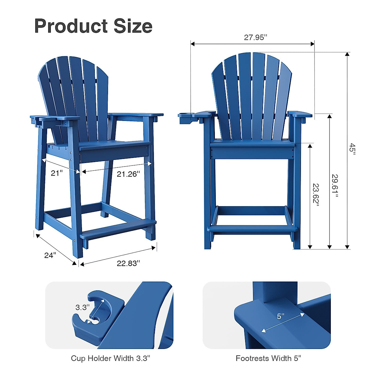 OTSUN Tall Adirondack Chair, Patio Chairs with Cup Holder, HDPE Weather Resistant Balcony Chairs, Outdoor Chairs for Garden, Backyard, Poolside, Capacity 400LBS - Navy Blue