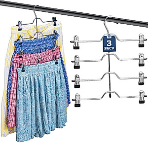 Zober Space Saving 4 Tier Skirt Hanger with Adjustable Clips (3 Pack) 4-on-1 Hanger, GAIN 50% More Space, Reliable Non Slip Grip, Durable Metal Pants Hanger Great for Slack, Trouser, Jeans, Towels Etc
