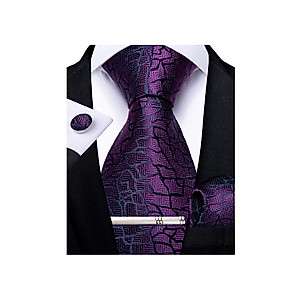 DiBanGu Plaid Ties for Men Silk Checkered Necktie and Pocket Square Cufflinks Tie Clip Set with Gift Box for Wedding Business, Purple and Black