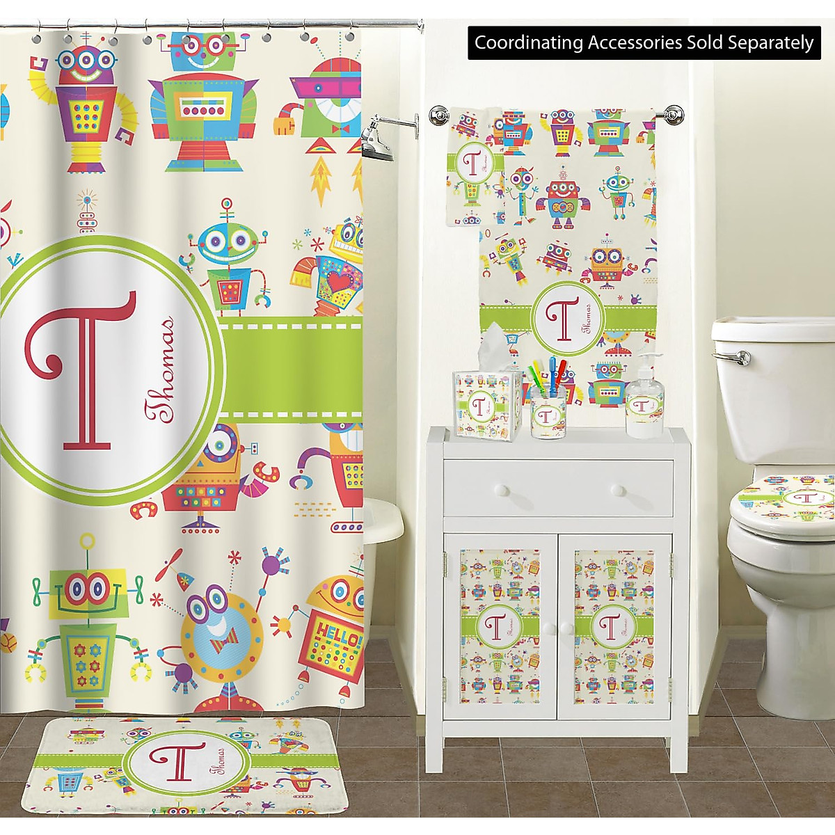 YouCustomizeIt Personalized Rocking Robots Waste Basket - Double Sided (White)