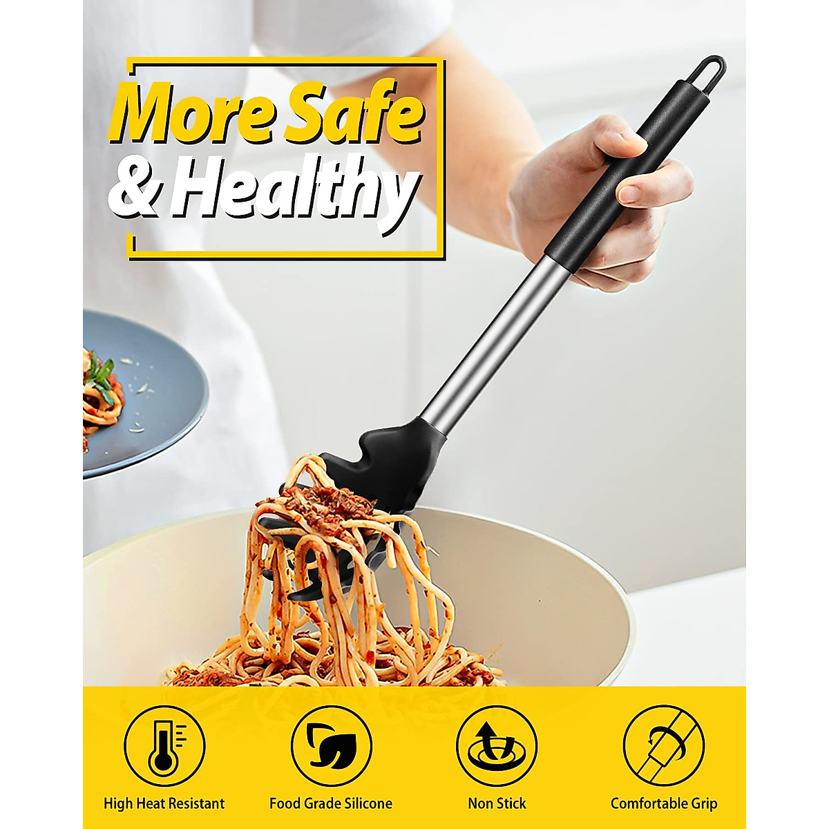 Silicone Pasta Fork and Ladle Spoon Set, Large Non Stick Kitchen Utensils for Cooking,Stirring,Serving Spaghetti, Soup, Sauce (BLACK)