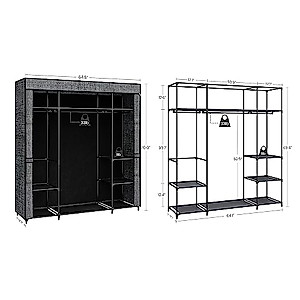 Hzuaneri Closet Wardrobe, 64.5-inch Portable Closet for Bedroom, 3 Clothes Rail Clothes Rail with Fabric Cover, Clothes Storage Organizer, 64.5 x 17.3 x 70 Inches, 9 Compartments, Black WO0203BC