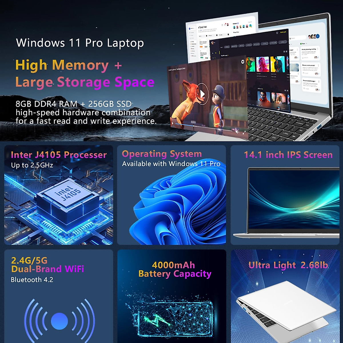 KurieTim Laptop Computer 8GB DDR4 256GB SSD Quad-Core Intel Celeron J4105(Up to 2.5GHz), 14.1 inch 1080P FHD Traditional Laptops, WiFi, Webcam, USB3.0, Mini HDMI, Windows 11 Pro