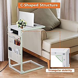 Set of 2 C Shaped End Table with Charging Station, Snack Side Table, C Tables for Couch, Couch Tables That Slide Under, for Living Room, Bedroom, White