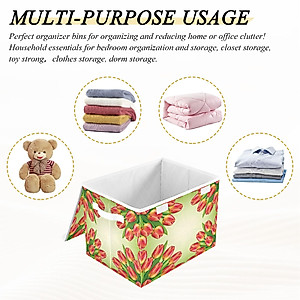 senya Large Collapsible Storage Bins with Lids, Spring Tulip Flowers Storage Baskets Organizer Containers with Handles for Nursery Clothes Toys