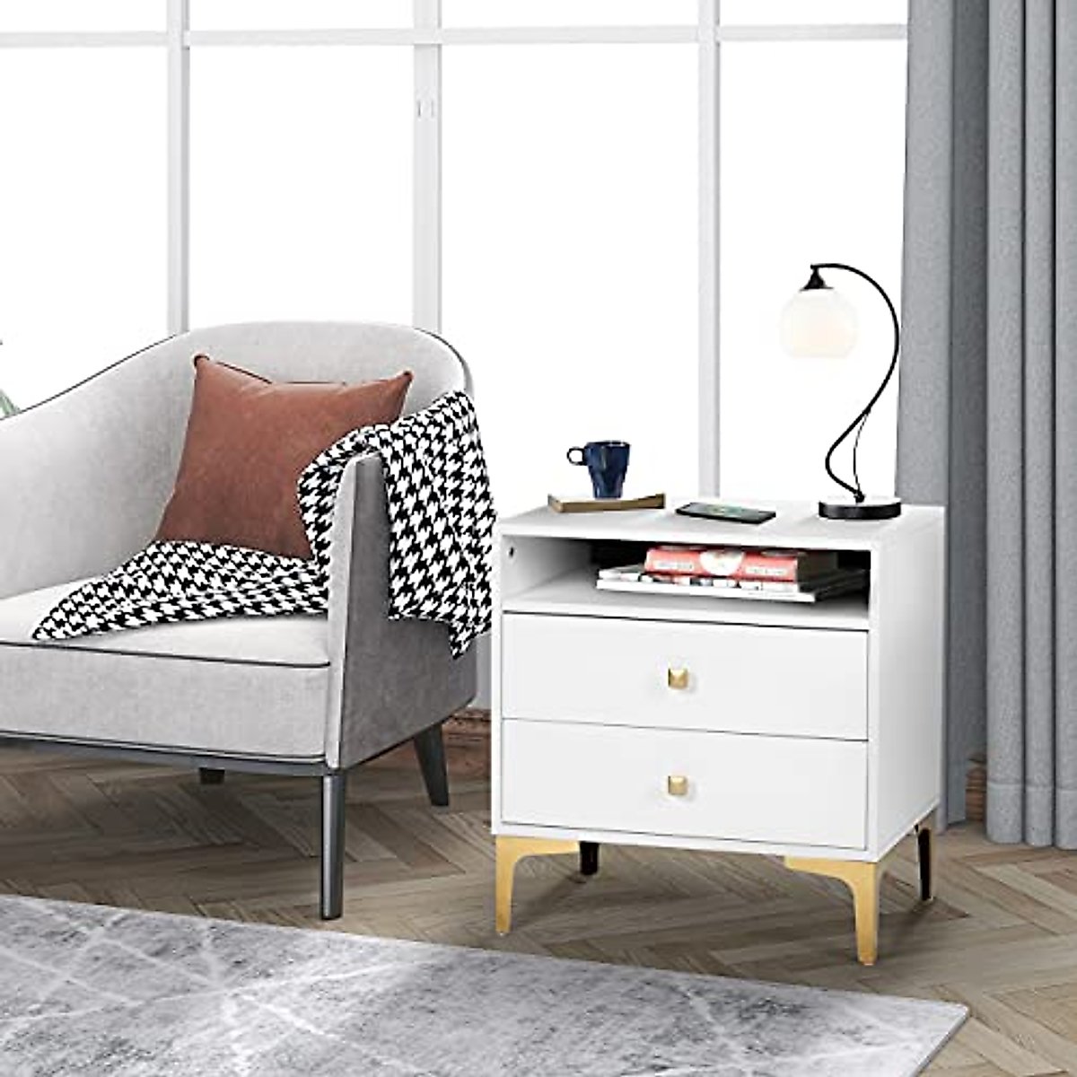 AILEEKISS Nightstands Set of 2 with Wireless Charging Function Wooden Night Stands 2 Sets with Drawers and Open Shelf Storage End Table Home Bedside Table for Bedroom (White 2 Sets)