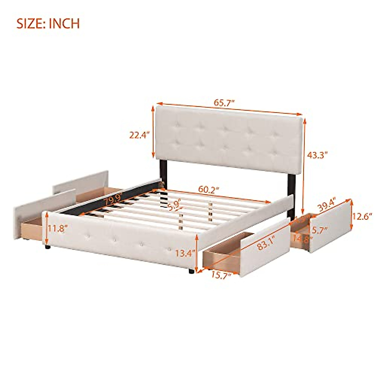Harper & Bright Designs Queen Size Upholstered Platform Bed with Storage, Queen Bed Frame with 4 Drawers and Tufted Headboard for Teens Adults, No Box Spring Needed, Beige