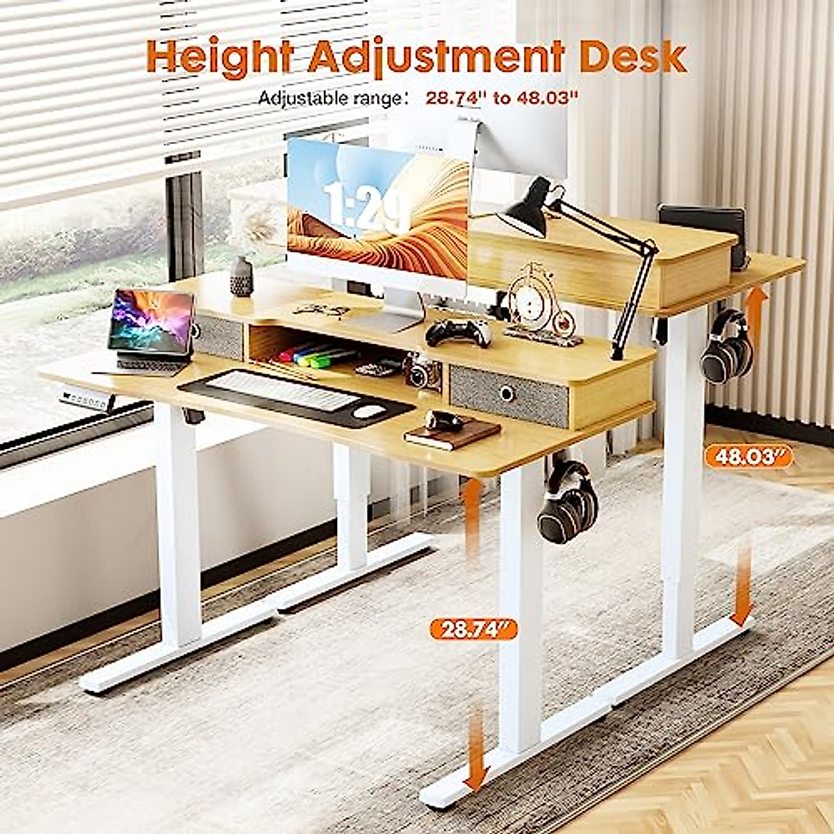 Sweetcrispy Electric Standing Desk Adjustable Height Stand Up Desk, 63 x 24 Inch Sit Stand Desk Adjustable Desk, Home Office Computer Desk with Storage Shelf, Double Drawer, Splice Board, Oak Desktop