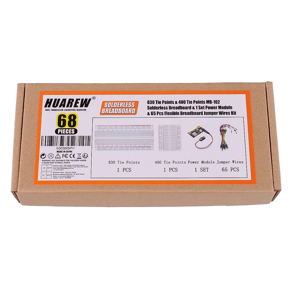 HUAREW Breadboard Kit with Power Supply Module， Jumper Wires，Battery Clip，830 & 400 tie-Points Breadboard