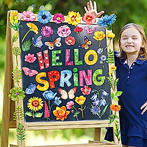 72 Pcs Cute Cutouts Hello Spring Cut Outs with 96 Pcs Glue Points Spring Bulletin Board Set Floral Plants Spring Cutouts Spring Decorations for Classroom School Game Party Bulletin Board Supplies