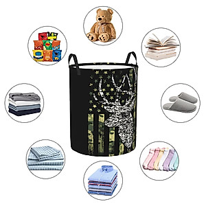Lightweight Laundry Hamper Compatible With Deer Camo Camouflage American Flag Hunting Black Laundry Basket, Large Fabric Collapsible Clothes Hamper Easy Carrying with Handles for Boys Girls Bedroom