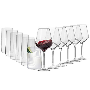 Krosno Glasses Set | 6x Red Wine Glasses 16.6 oz + 6x Tall Water Juice Drinking Glasses 18.3 oz | Crystal Glass | Perfect for Home, Restaurants and Parties | Dishwasher Safe