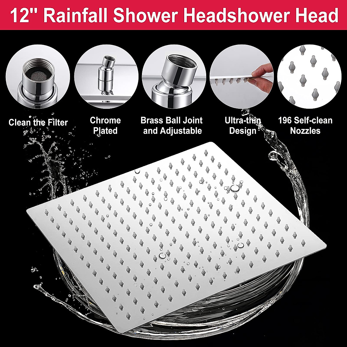Shower Head, NERDON 12'' High Pressure Rainfall Shower Head Handheld Combo 5 Settings with 15'' Brass Height/Angle Adjustable Extension Arm 60" Hose, Stainless Steel Bath Rain Showerhead with 4 Hooks