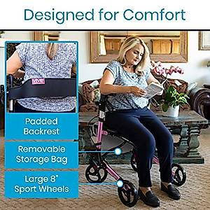 Vive Mobility Rollator Walker - Folding 4 Wheel Medical Rolling Walker with Seat & Bag - Mobility Aid for Adult, Senior, Elderly & Handicap - Aluminum Transport Chair (Pink)