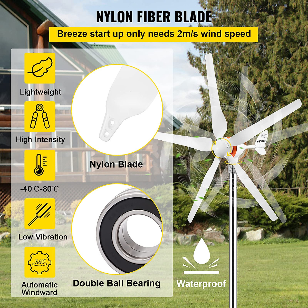 VEVOR Wind Turbine Generator, 12V/24V Wind Turbine Kit, 500W Wind Power Generator with MPPT Controller 5 Blades Auto Adjust Windward Direction Suitable for Terrace, Marine, Motor Home, Chalet, Boat