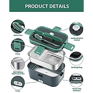 70W Faster Electric Heated Lunch Box[2023 Upgrade], Car Truck Food Warmer, 1.8L Larger Capacity 304 Stainless Steel Container for Car and Home/Office, with Carry Bag and Fork & Spoon (Grey+Green)