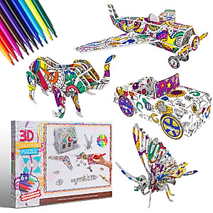 3D Coloring Puzzle Set, 4 Animals Puzzles with Pen, DIY Arts and Crafts for Girls Boys Age 6 7 8 9 10 11 12 Years Old(4 Pack)