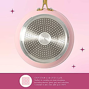 Paris Hilton Iconic Nonstick Pots and Pans Set, Multi-layer Nonstick Coating, Matching Lids With Gold Handles, Made without PFOA, Dishwasher Safe Cookware Set, 10-Piece, Pink