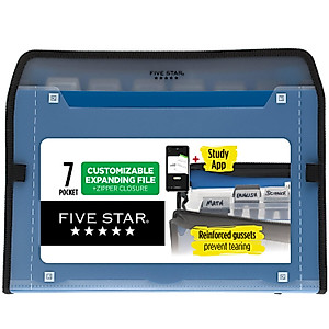 Five Star 7 Pocket Expanding File Organizer + Study App, Plastic Expandable File Folders with Customizable Tabs & Clear Cover, Holds 11" x 8-1/2", Zipper Closure, Pacific Blue (72711)