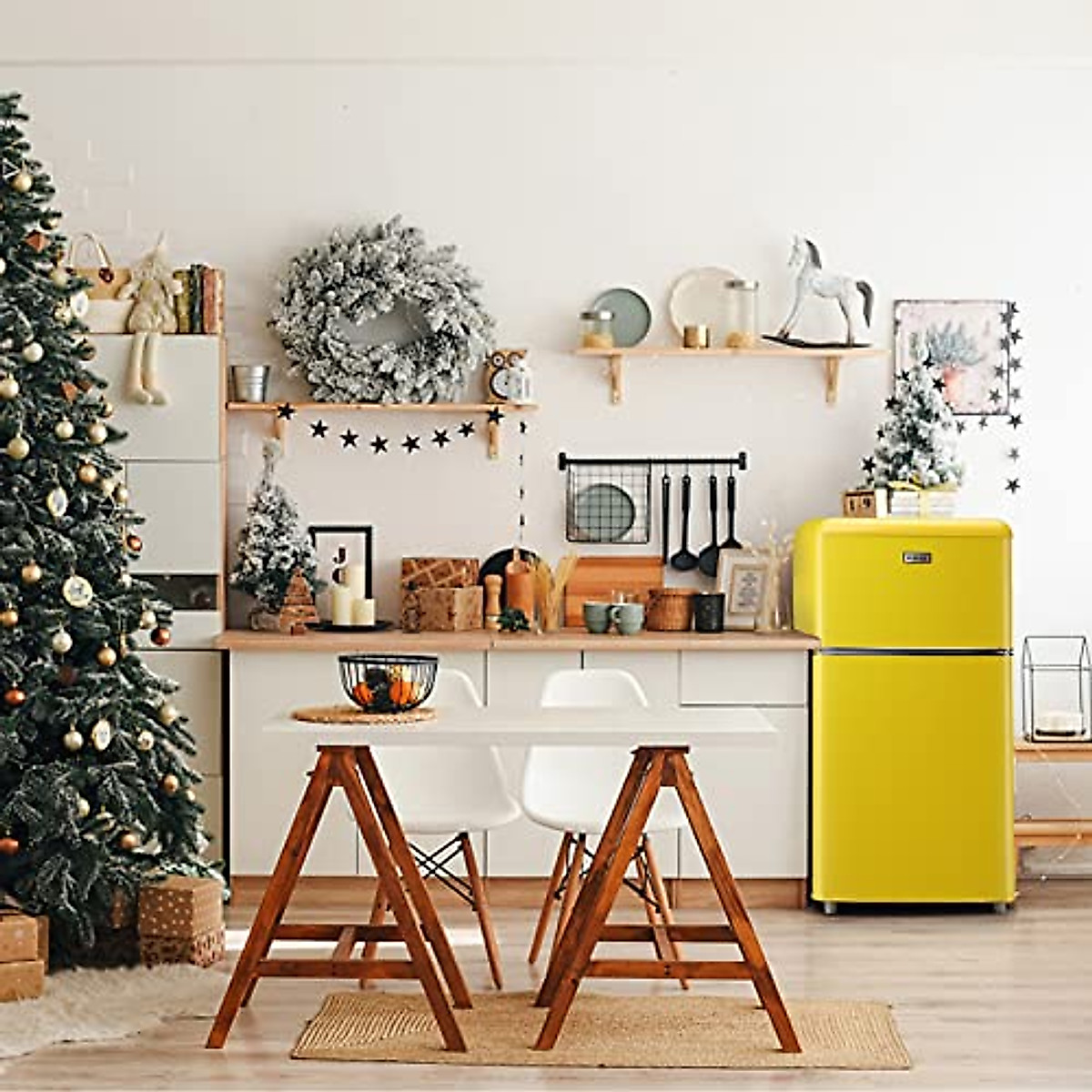 WANAI Compact Mini Refrigerator 3.2 Cu.Ft Small Refrigerator with Freezer, Retro Mini Fridge with Dual Door,7 Adjustable Thermostat, Adjustable Shelves For Dorm, Office Bedroom, Yellow