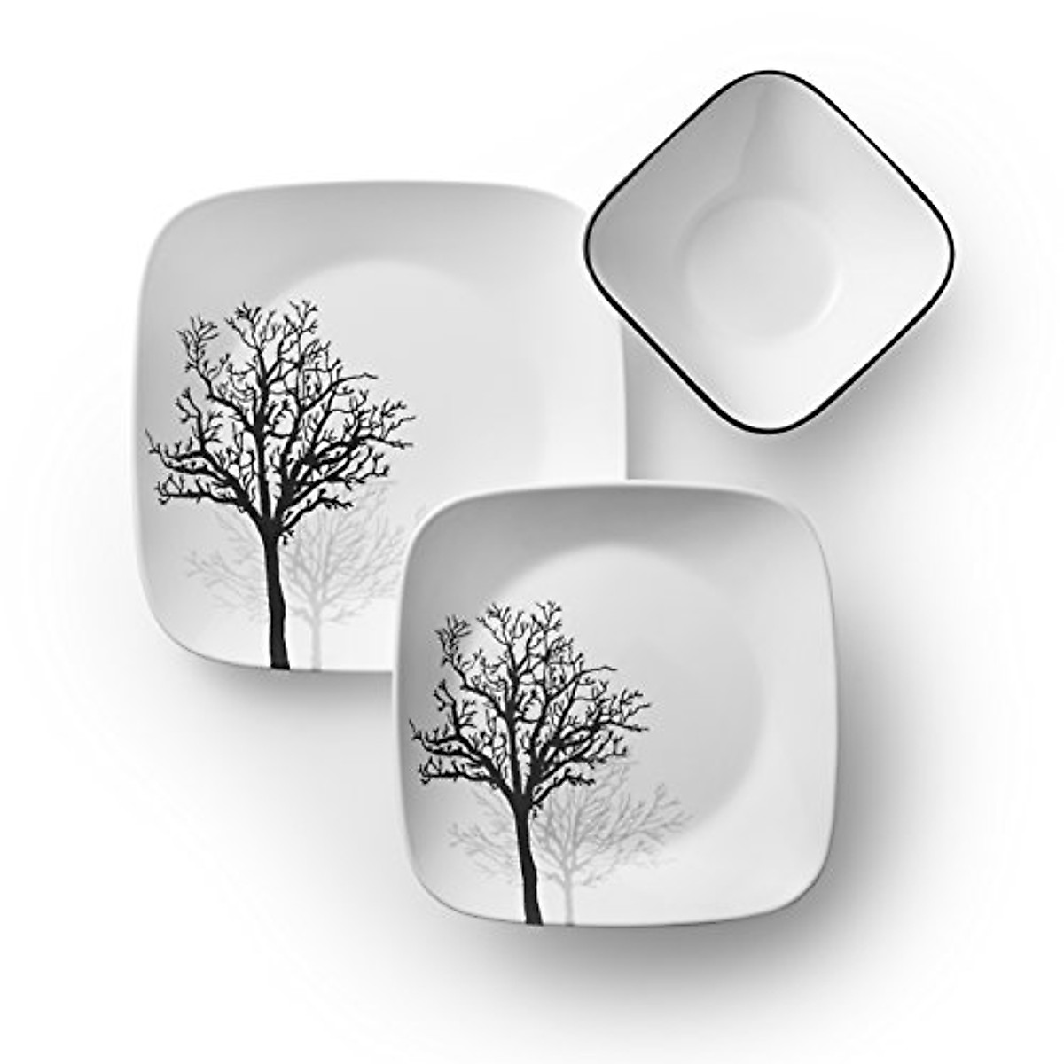 Corelle Vitrelle 18-Piece Service for 6 Dinnerware Set, Triple Layer Glass and Chip Resistant, Lightweight Square Plates and Bowls Set, Timber Shadows