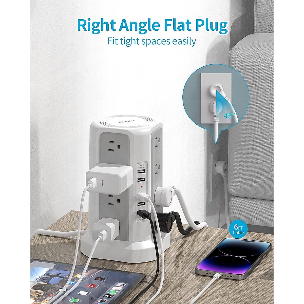 Surge Protector , Fararaka 6FT Power Strip Tower with 16 Outlets and 5 USB Ports, Flat Plug Multi Outlet Tower for Home, Office, Dorm Room