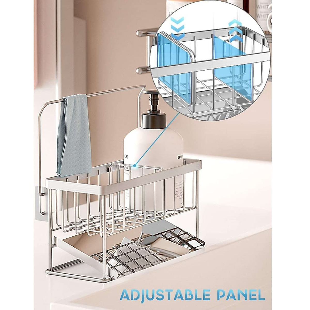 Sink Organizer and Sponge Holder, 304 Stainless Steel Rustproof, Adjustable, Self-Draining Sink Caddy for Sponges, Brushes, Dish Soap,Kitchen Towel,Kitchen Rags