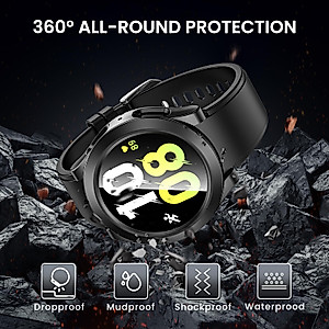 [2 in 1] Goton Waterproof Case for Samsung Galaxy Watch 5 4 44mm, 360° Protective Hard PC Front & Back Bumper with HD Tempered Glass Screen Protector for Galaxy Watch Cover Accessories, Black