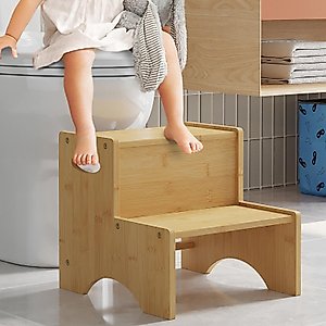 BMOSU Two Step Stool for Kids Bathroom Potty Stool Kitchen Stool Toddler with Handles Stool Dual Height for Bathroom Study Kitchen (Natural)