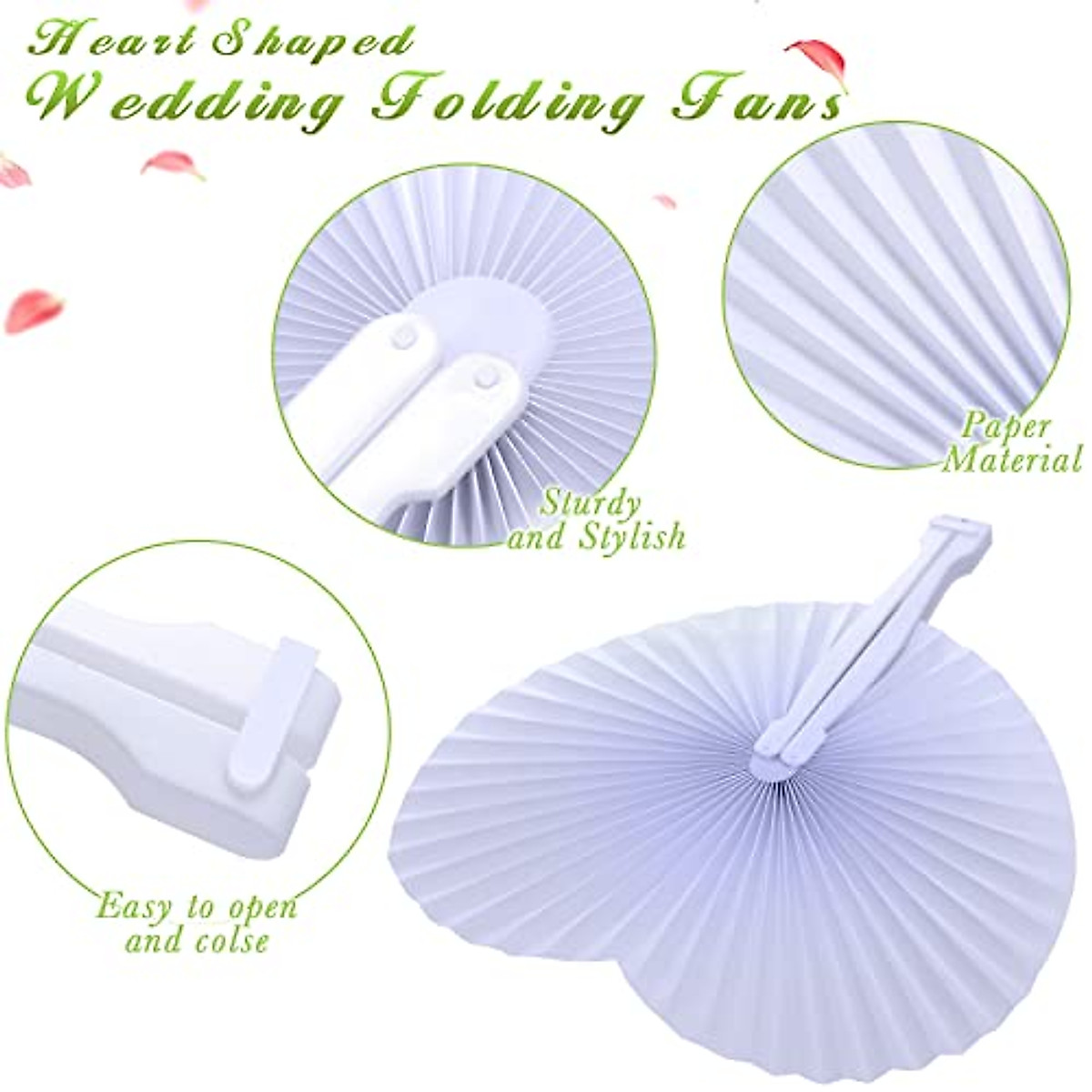 100 Packs Heart Shaped Wedding Folding Fans White Paper Fans Foldable Personalized Fan Decorative Blank Fan Round Handheld Fan with Plastic Fan Handles for Women Girls Guest Wedding Party Pocket Favor