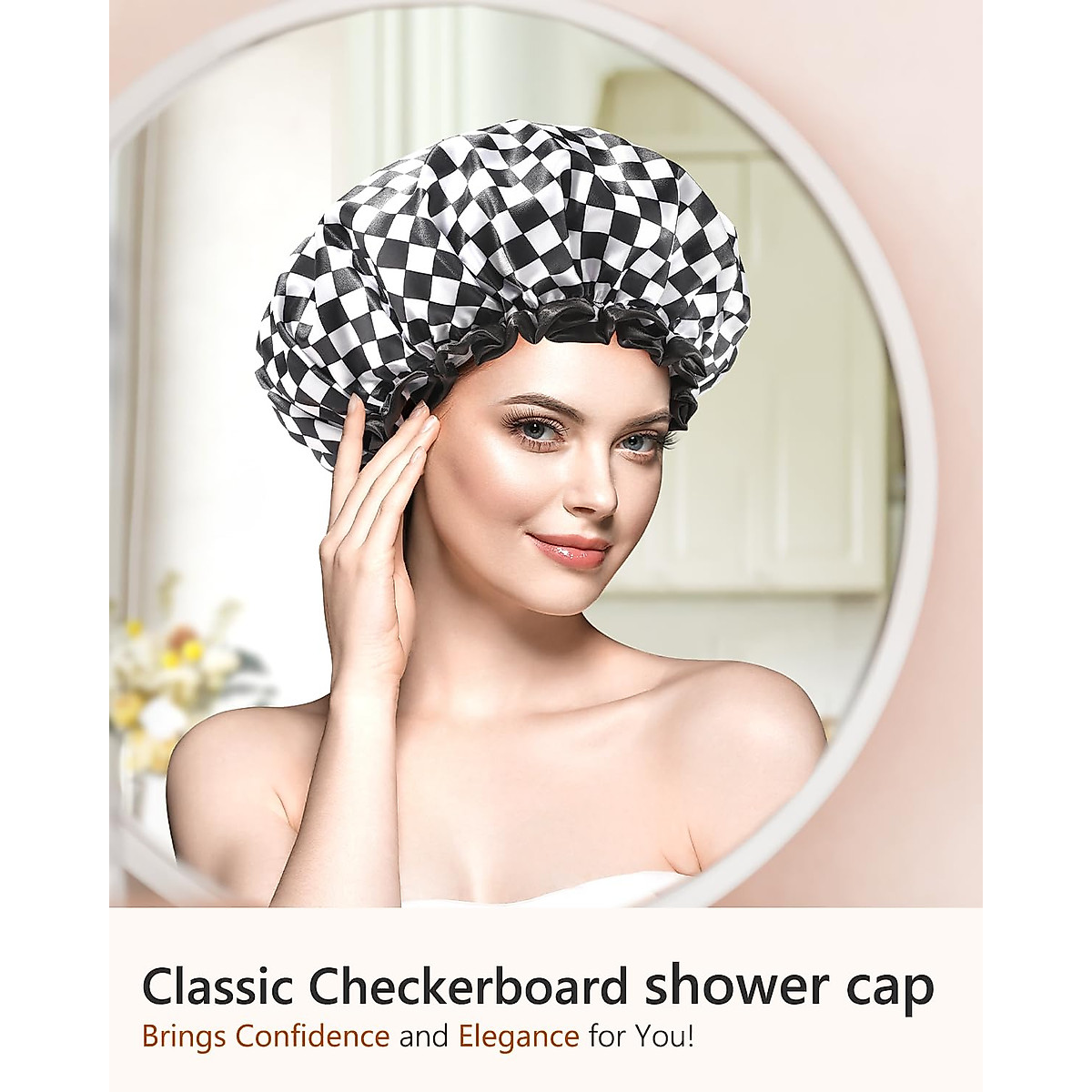 mikimini Large Shower Cap for Women Long Hair, Elegant Chessboard Design,Double-layer Waterproof, Reusable, Washable, No Odor, X-Large