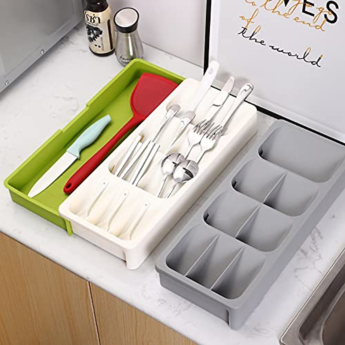 ORIJOYNA Kitchen Flatware Organizers - Drawer Organizer Tray Box Cutlery Expandable Organizer - for Kitchen Drawer Holding Flatware Spoons, Forks, Spatula (Grey)