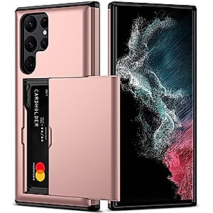 Nvollnoe for Samsung S22 Ultra Case with Card Holder 5G 6.8 inch Slim Dual Layer Heavy Duty Protective Galaxy S22 Ultra Case Hidden Card Slot Wallet Case for Samsung S22 Ultra(Rose Gold)