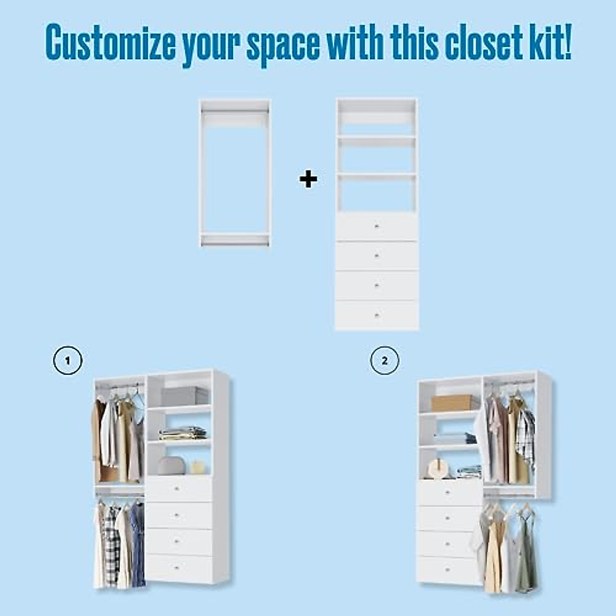 Closet Kit with Hanging Rods, Shelves & Drawers - Corner Closet System - Closet Shelves - Closet Organizers and Storage Shelves (White, 54 inches Wide) Closet Shelving