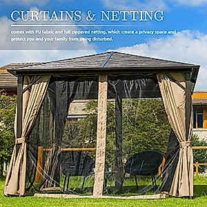 Domi 10'x10' Outdoor Hardtop Gazebo Permanent Canopy with Galvanized Steel Single Roof, Aluminum Frame,Curtains and Netting for Patios,Backyard,Lawns