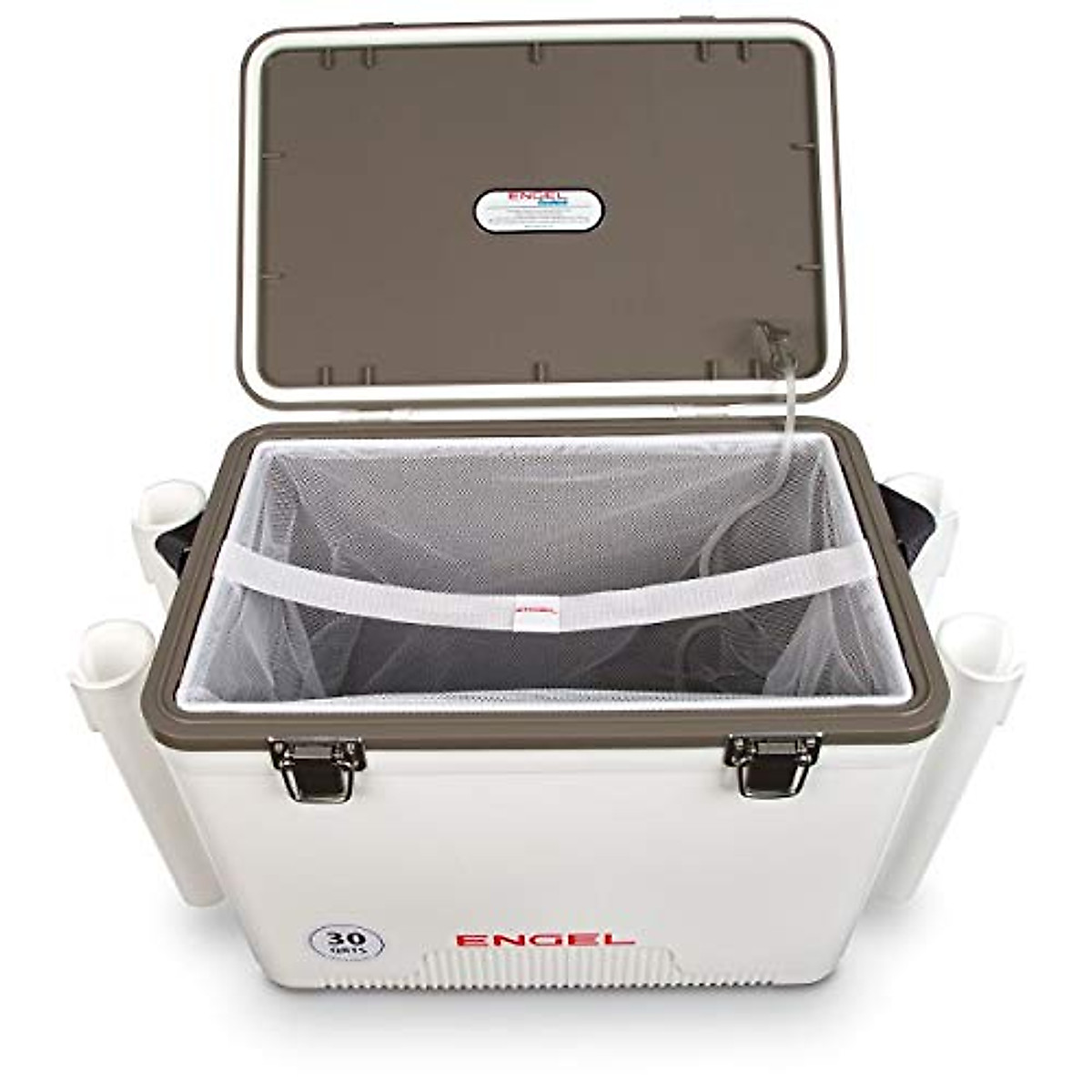 Engel 30qt Live Bait Cooler Box with 2nd Gen 2-Speed Portable Aerator Pump and 4 x Fishing Rod Holder Attachments. Fishing Bait Station and Minnow Bucket in LBC30-RH in White
