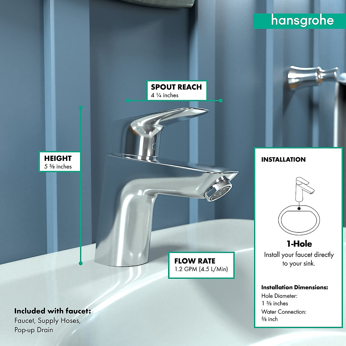 hansgrohe Logis Modern Low Flow Water Saving 1-Handle 1 5-inch Tall Bathroom Sink Faucet in Chrome, 71070001