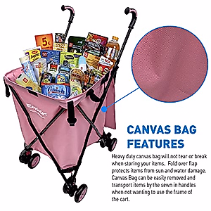 EasyGo Rolling Cart Folding Grocery Shopping Cart Laundry Bag with Wheels, Removable Canvas, 120lb Capacity, Basic Pink