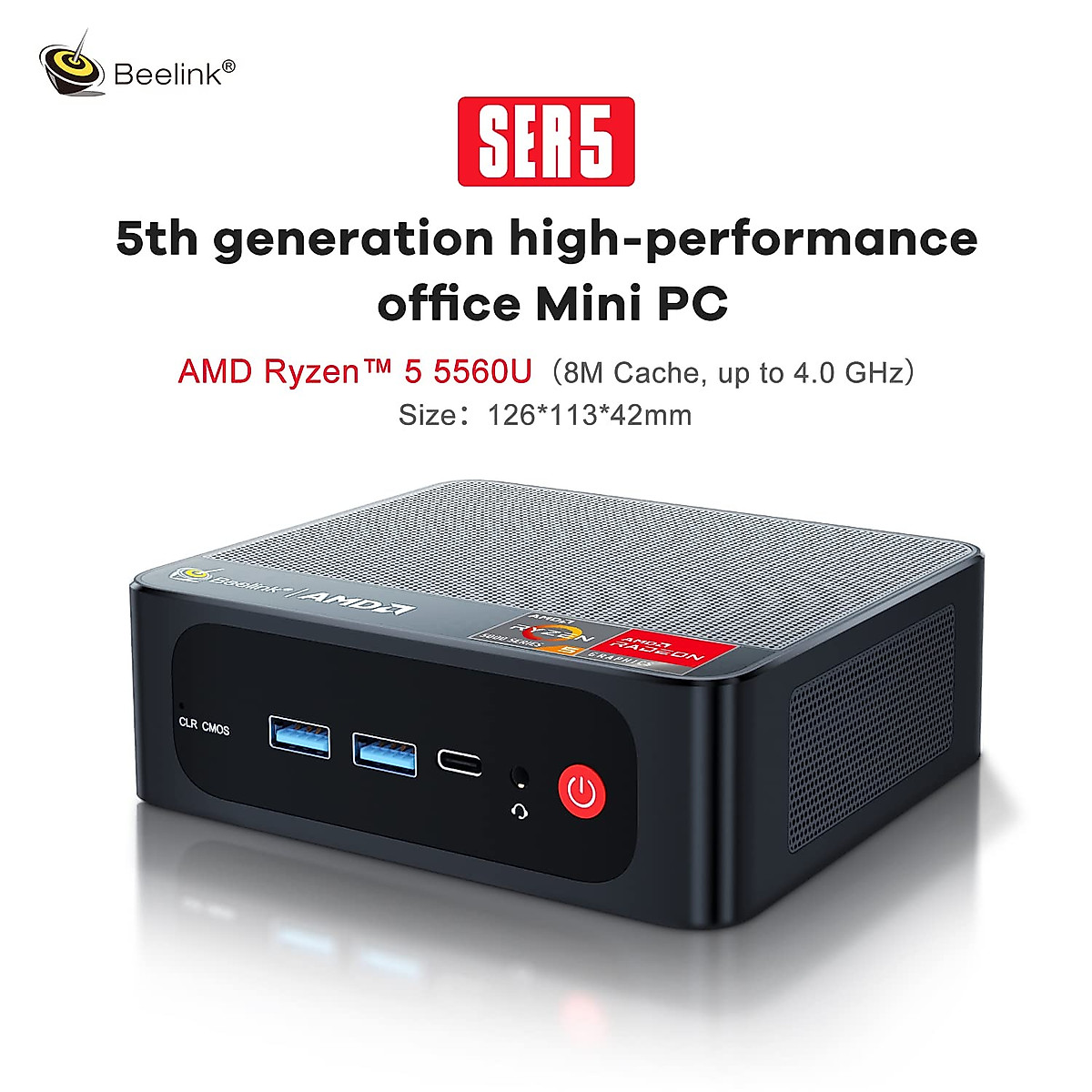 Beelink AMD Ryzen5 5560U Processor (up to 4.0GHz) 6C/12T, SER5 Mini PC with 16GB DDR4 + 500GB NVMe SSD, Mini Computer with 4K@60Hz Triple Display, WiFi6, BT 5.2 Mini Desktop Computer for Daily Office