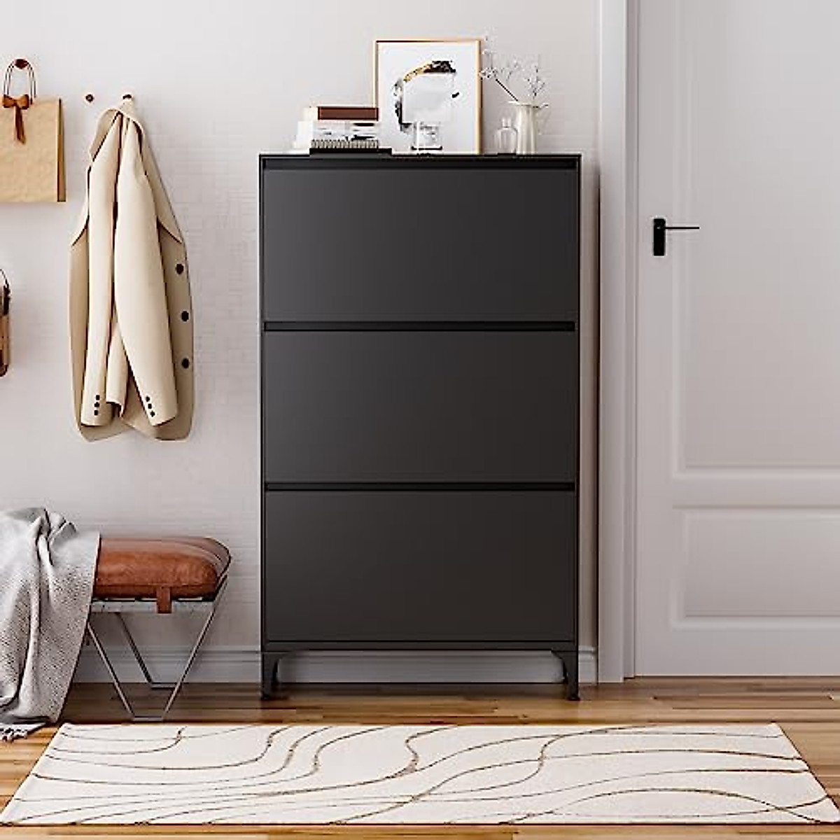 WIILAYOK Shoe Cabinet - Freestanding or Wall Mounted Shoe Storage Organizer with 3 Flip Drawers and Adjustable Shelves - Ideal for Entryway, Hallway, Living Room